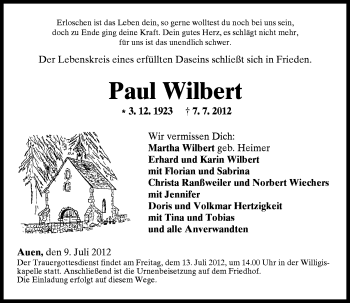 Traueranzeigen von Paul Wilbert | rz-trauer.de