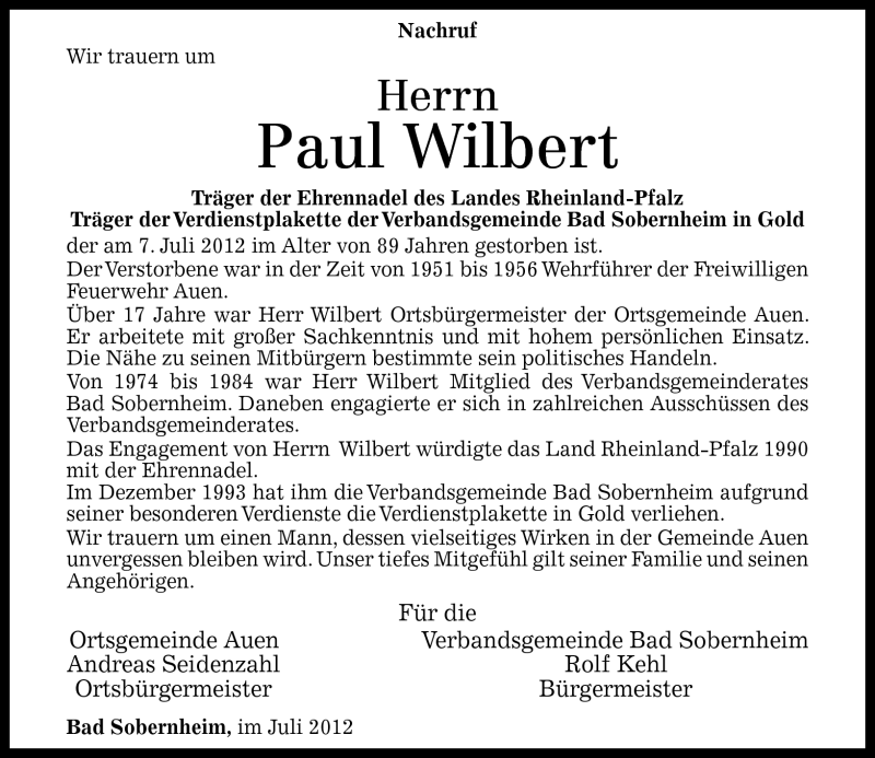 Traueranzeigen von Paul Wilbert | rz-trauer.de