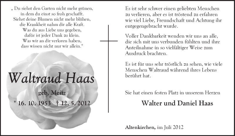 Traueranzeigen von Waltraud Haas | rz-trauer.de