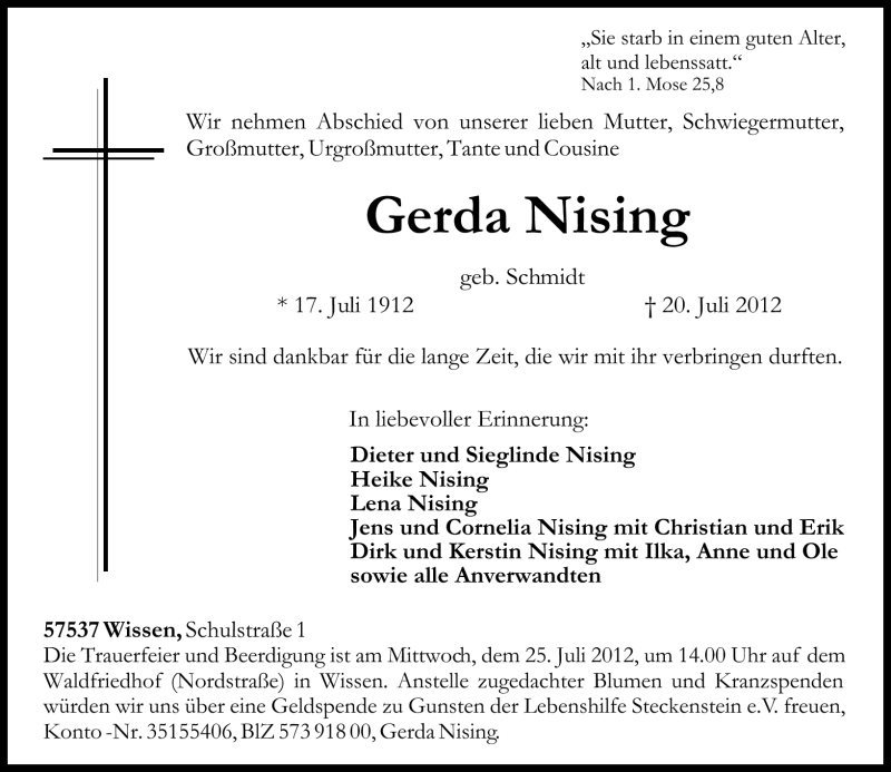 Traueranzeigen von Gerda Nising | rz-trauer.de