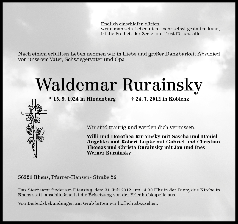 Traueranzeigen von Waldemar Rurainsky | rz-trauer.de