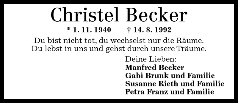 Traueranzeigen von Christel Becker | rz-trauer.de