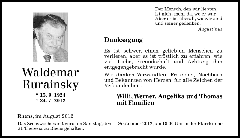 Traueranzeigen von Waldemar Rurainsky | rz-trauer.de