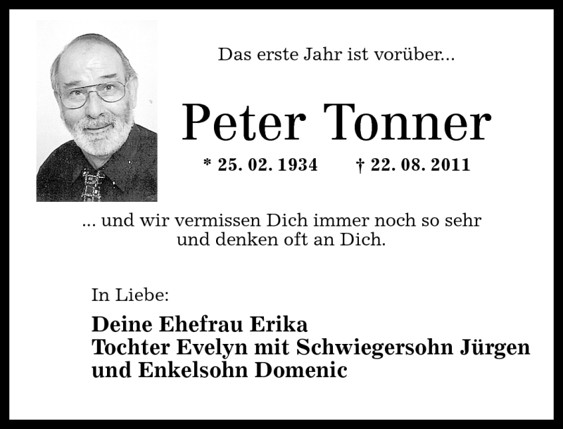 Traueranzeigen von Peter Tonner | rz-trauer.de