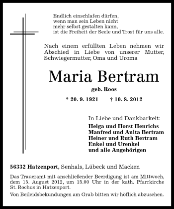 Traueranzeigen von Maria Bertram | rz-trauer.de