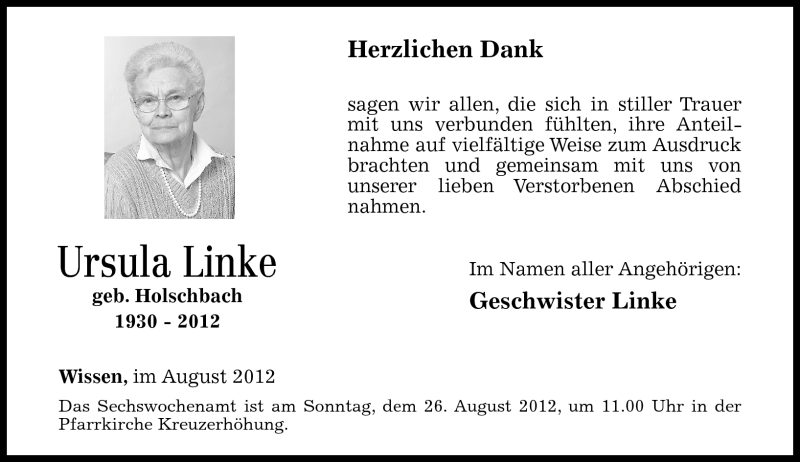 Traueranzeigen von Ursula Linke | rz-trauer.de