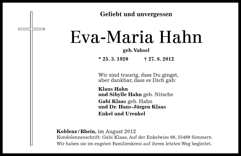 Traueranzeigen von Eva-Maria Hahn | rz-trauer.de