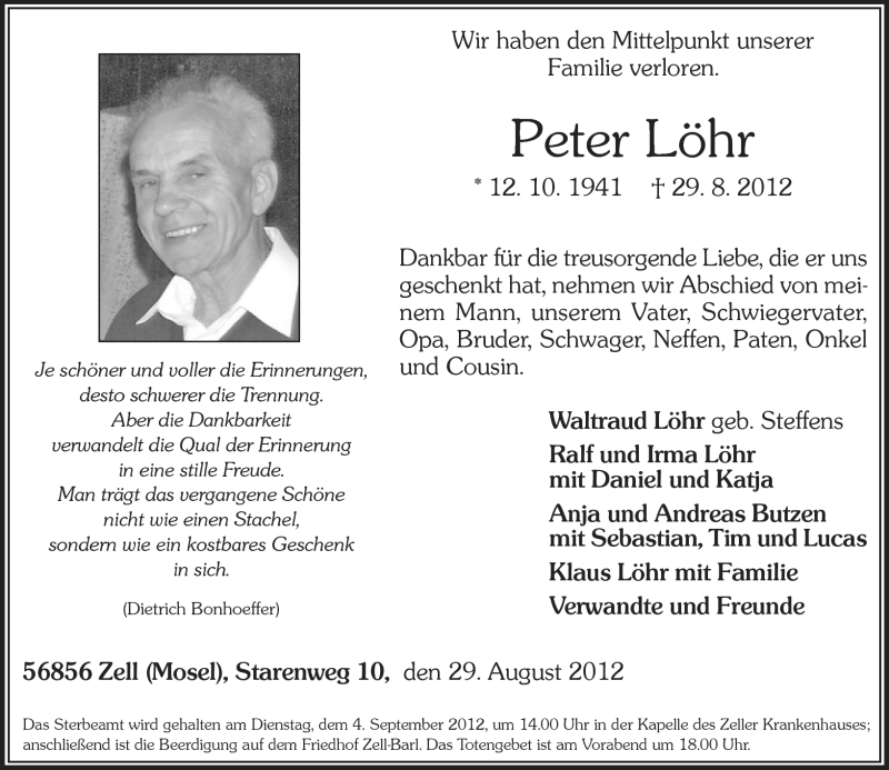 Traueranzeigen von Peter Löhr | rz-trauer.de