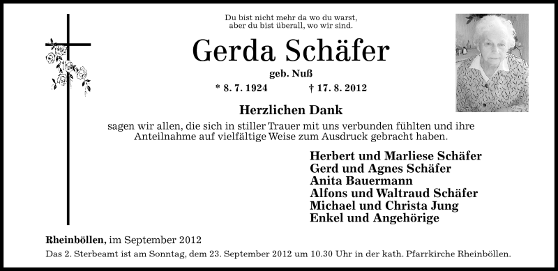 Traueranzeigen von Gerda Schäfer | rz-trauer.de