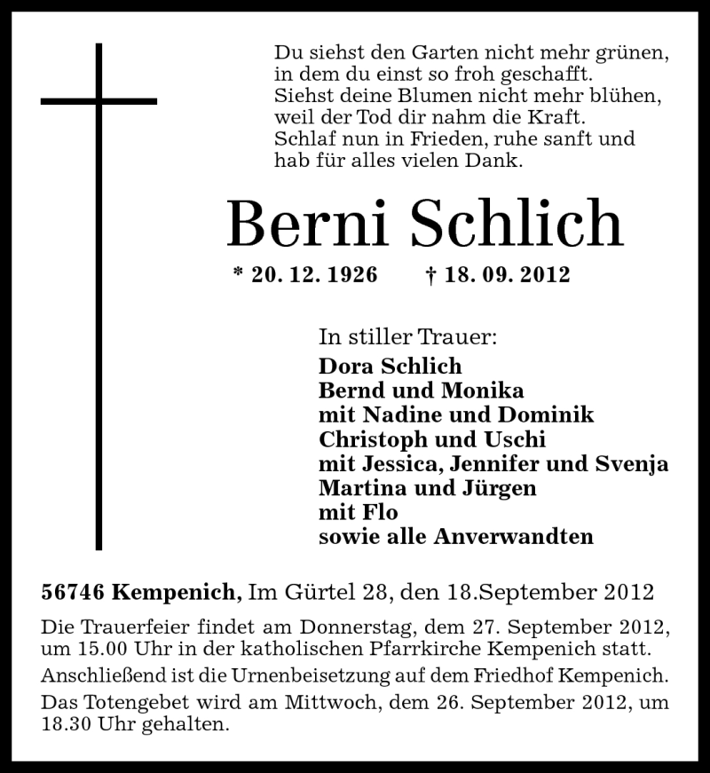 Traueranzeigen von Berni Schlich | rz-trauer.de