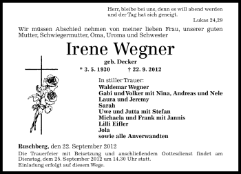 Traueranzeigen von Irene Wegner | rz-trauer.de
