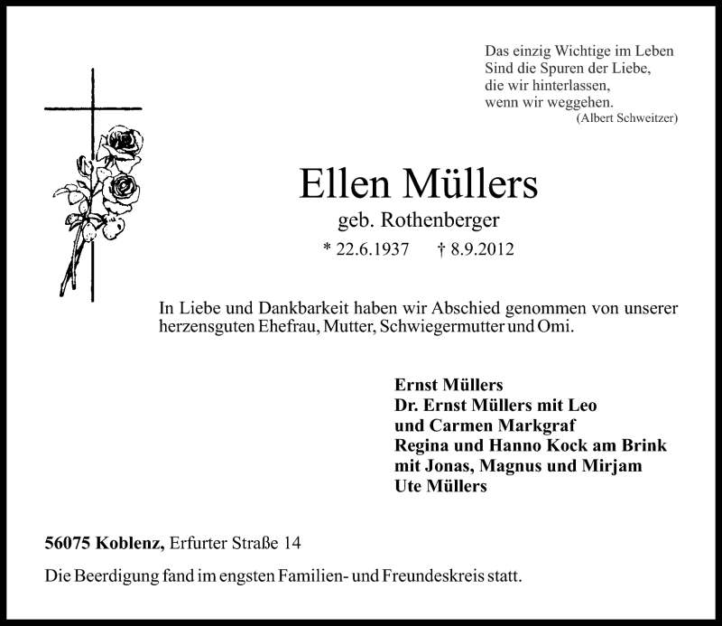 Traueranzeigen von Ellen Müllers | rz-trauer.de