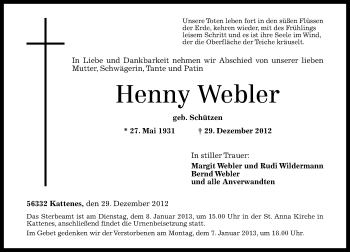 Traueranzeigen von Henny Webler | rz-trauer.de
