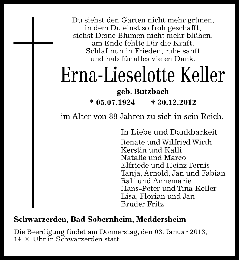 Traueranzeigen von Erna-Lieselo Keller | rz-trauer.de