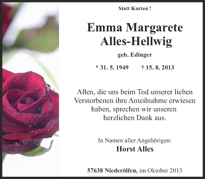 Traueranzeigen von Emma Margarete Alles-Hellwig | rz-trauer.de