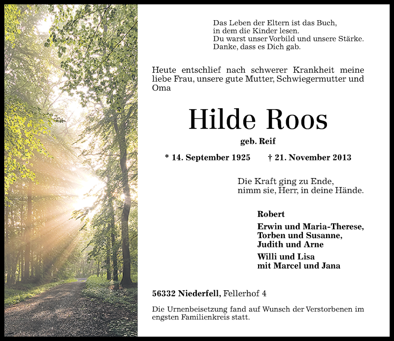 Traueranzeigen von Hilde Roos | rz-trauer.de