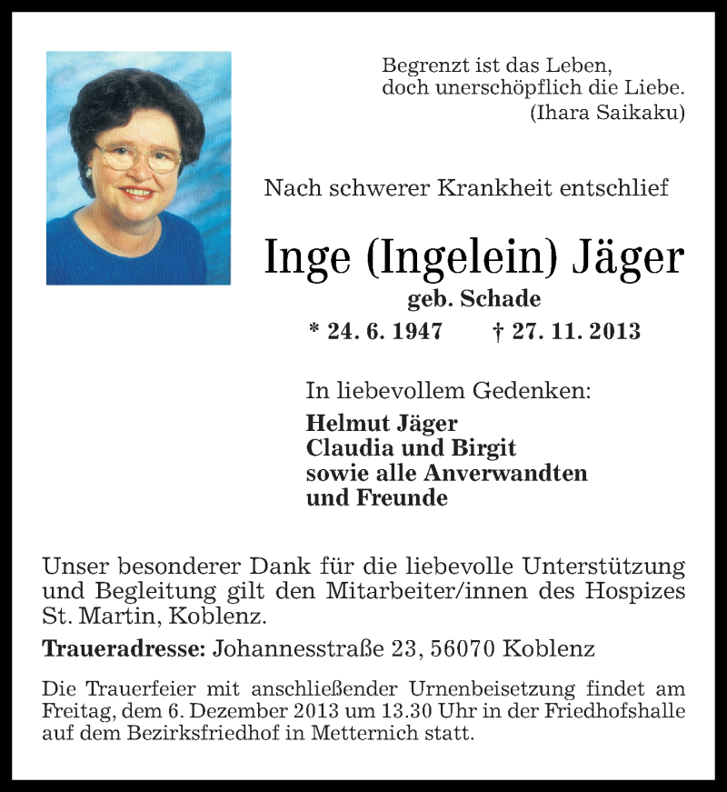 Traueranzeigen von Inge Jäger | rz-trauer.de