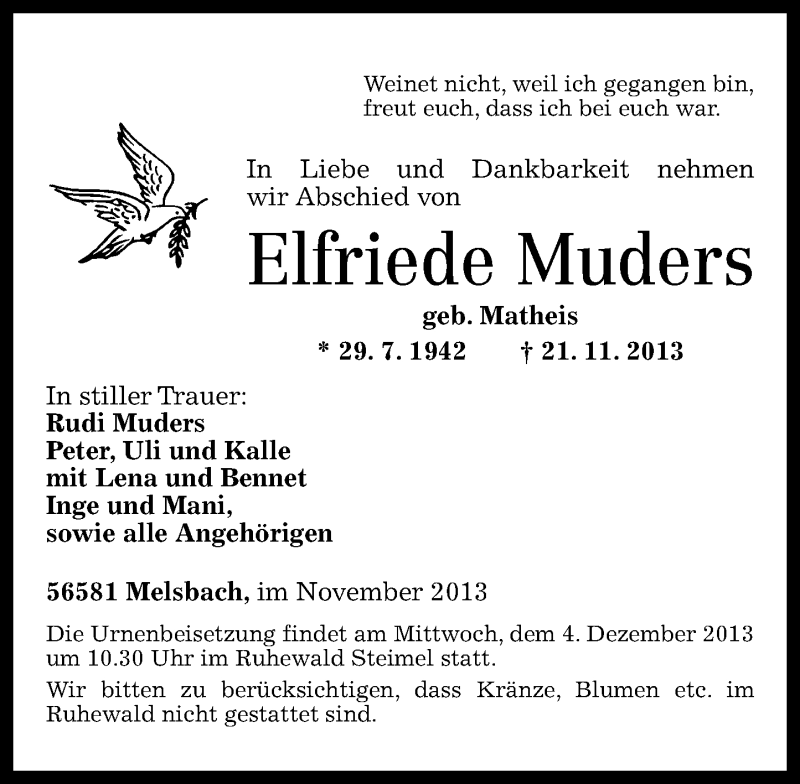 Traueranzeigen von Elfriede Muders | rz-trauer.de