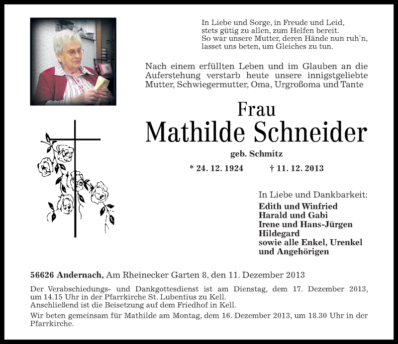 Traueranzeigen von Mathilde Schneider | rz-trauer.de