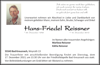 Traueranzeigen von Hans-Friedel Reissner | rz-trauer.de