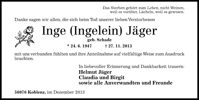 Traueranzeigen von Inge Jäger | rz-trauer.de