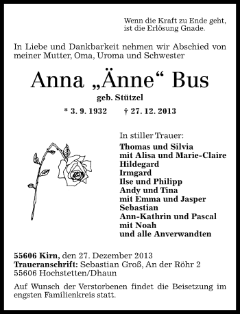 Traueranzeigen von Anna Bus | rz-trauer.de