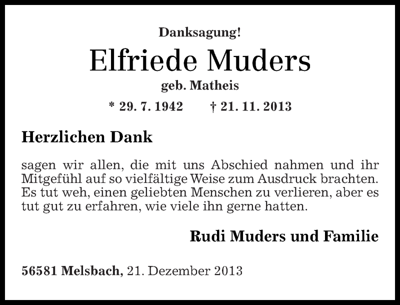 Traueranzeigen von Elfriede Muders | rz-trauer.de