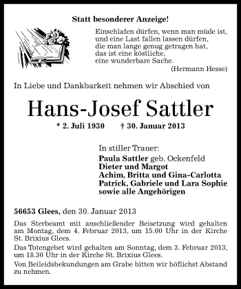 Traueranzeigen von Hans-Josef Sattler | rz-trauer.de