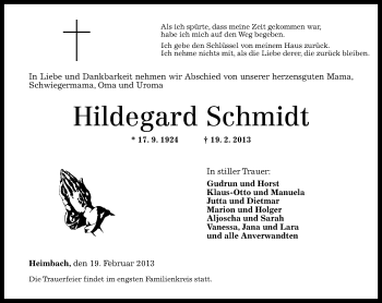 Traueranzeigen von Hildegard Schmidt | rz-trauer.de