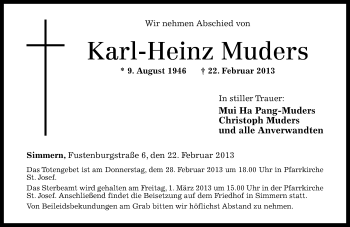 Traueranzeigen von Karl-Heinz Muders | rz-trauer.de