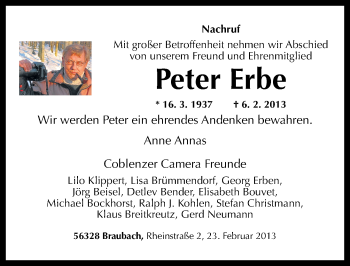 Traueranzeigen von Peter Erbe | rz-trauer.de