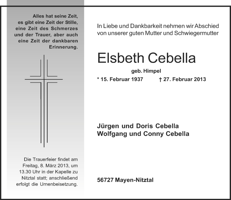 Traueranzeigen von Elsbeth Cebella | rz-trauer.de