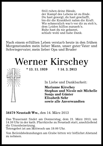 Traueranzeigen von Werner Kirschey | rz-trauer.de