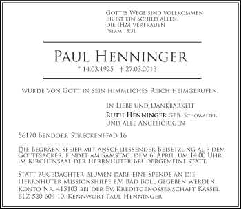 Traueranzeigen von Paul Henninger | rz-trauer.de