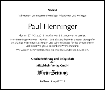 Traueranzeigen von Paul Henninger | rz-trauer.de