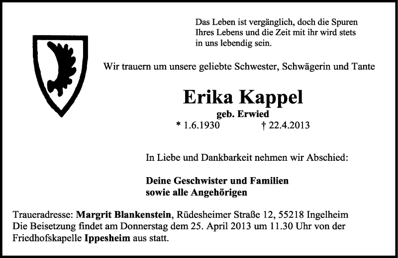 Traueranzeigen von Erika Kappel | rz-trauer.de