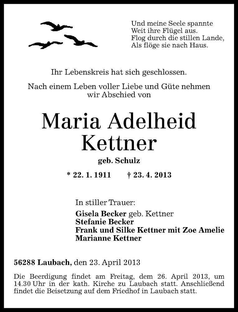 Traueranzeigen von Maria Adelheid Kettner | rz-trauer.de