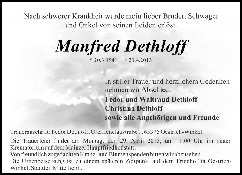 Traueranzeigen von Manfred Dethloff | rz-trauer.de