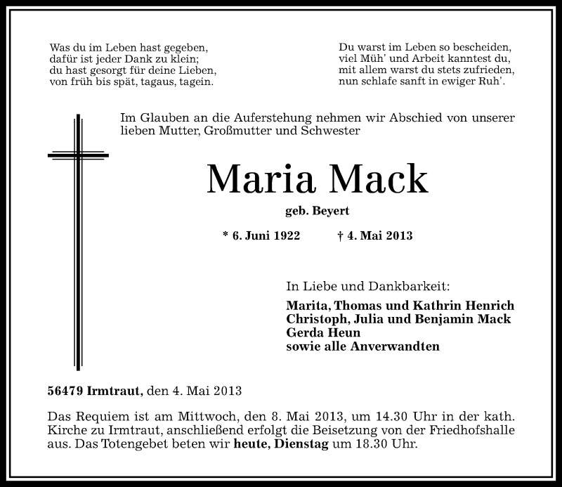 Traueranzeigen von Maria Mack | rz-trauer.de