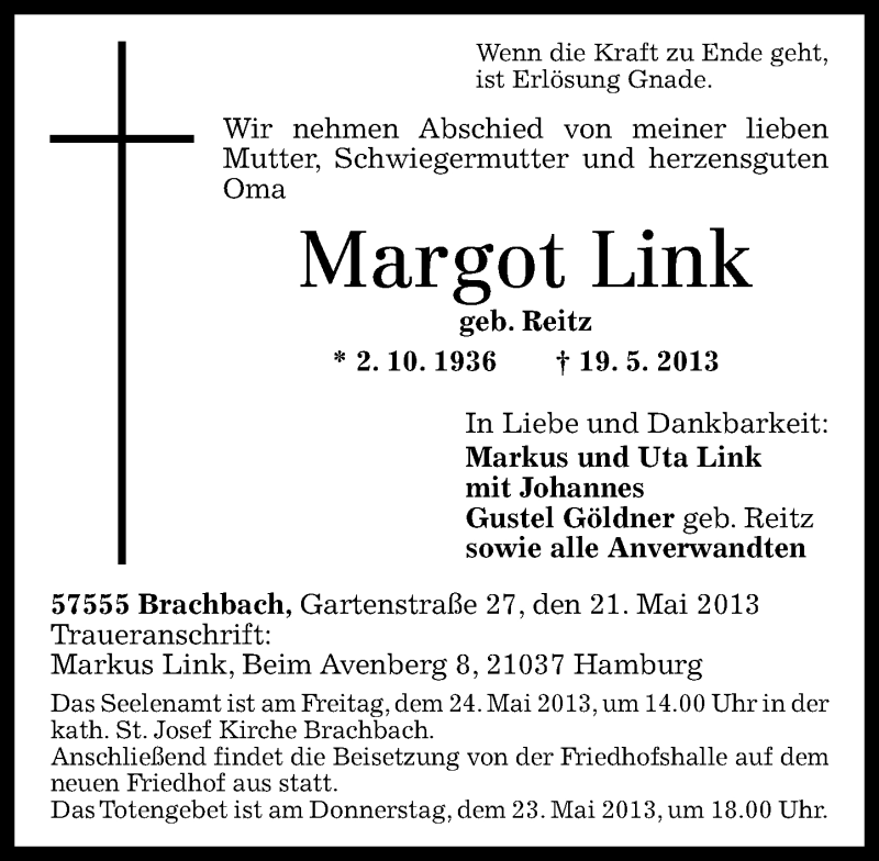 Traueranzeigen von Margot Link | rz-trauer.de