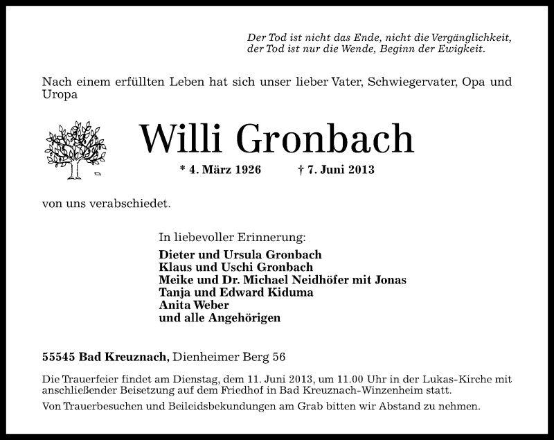 Traueranzeigen von Willi Gronbach | rz-trauer.de
