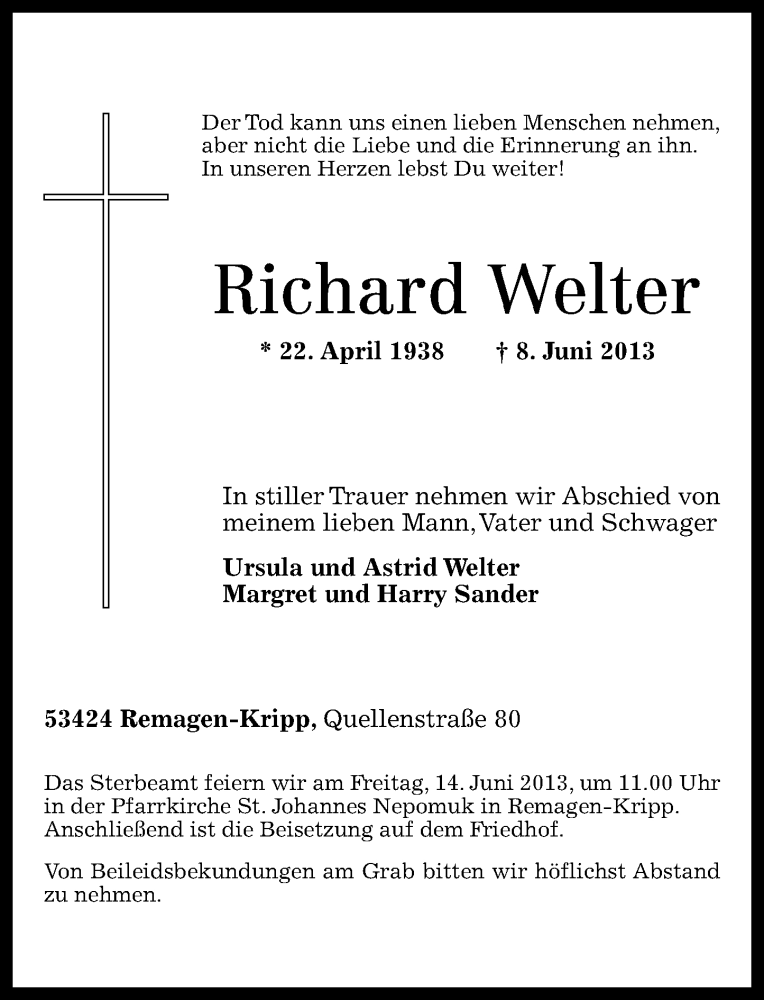 Traueranzeigen von Richard Welter | rz-trauer.de