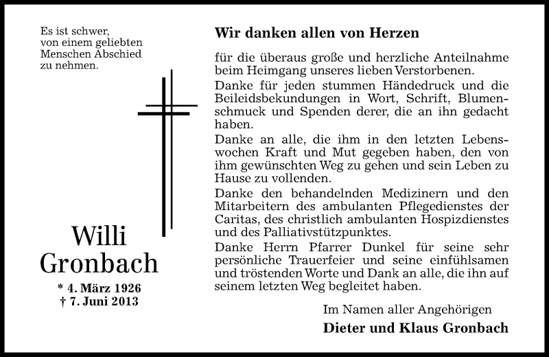 Traueranzeigen von Willi Gronbach | rz-trauer.de