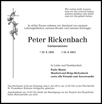 Traueranzeigen von Peter Rickenbach | rz-trauer.de