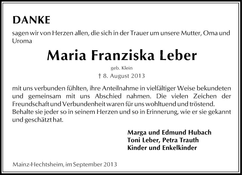 Traueranzeigen von Maria Franziska Leber | rz-trauer.de