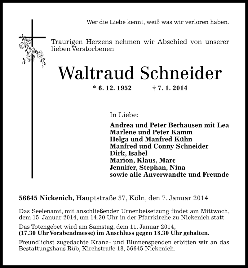 Traueranzeigen von Waltraud Schneider | rz-trauer.de