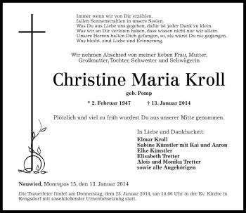 Traueranzeigen von Christine Maria Kroll | rz-trauer.de