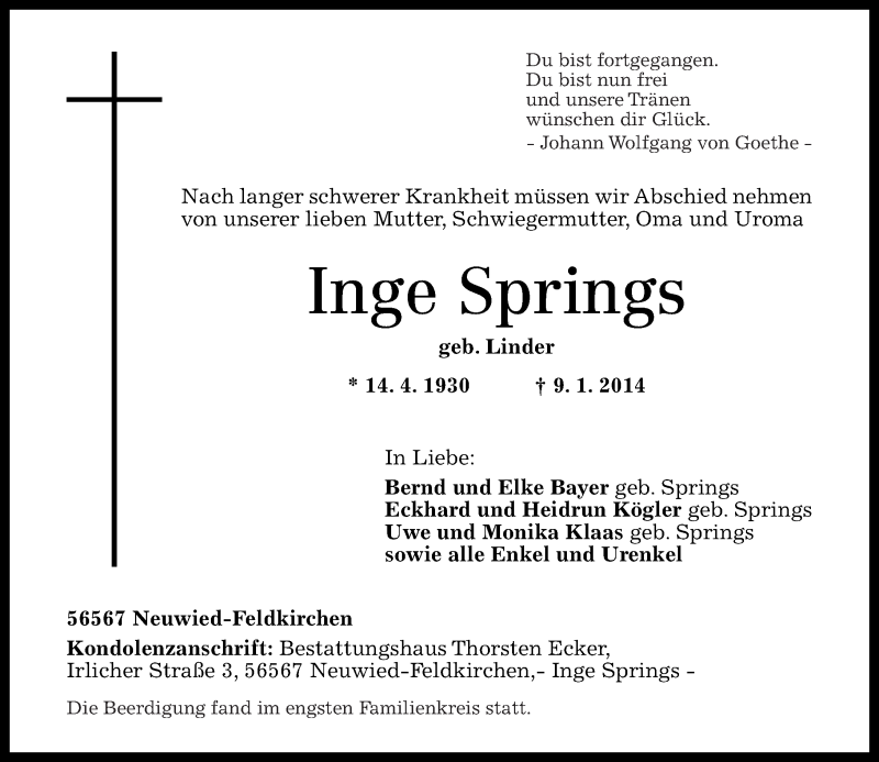 Traueranzeigen von Inge Springs | rz-trauer.de