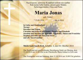 Traueranzeigen von Maria Jonas | rz-trauer.de