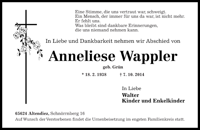 Traueranzeigen von Anneliese Wappler | rz-trauer.de